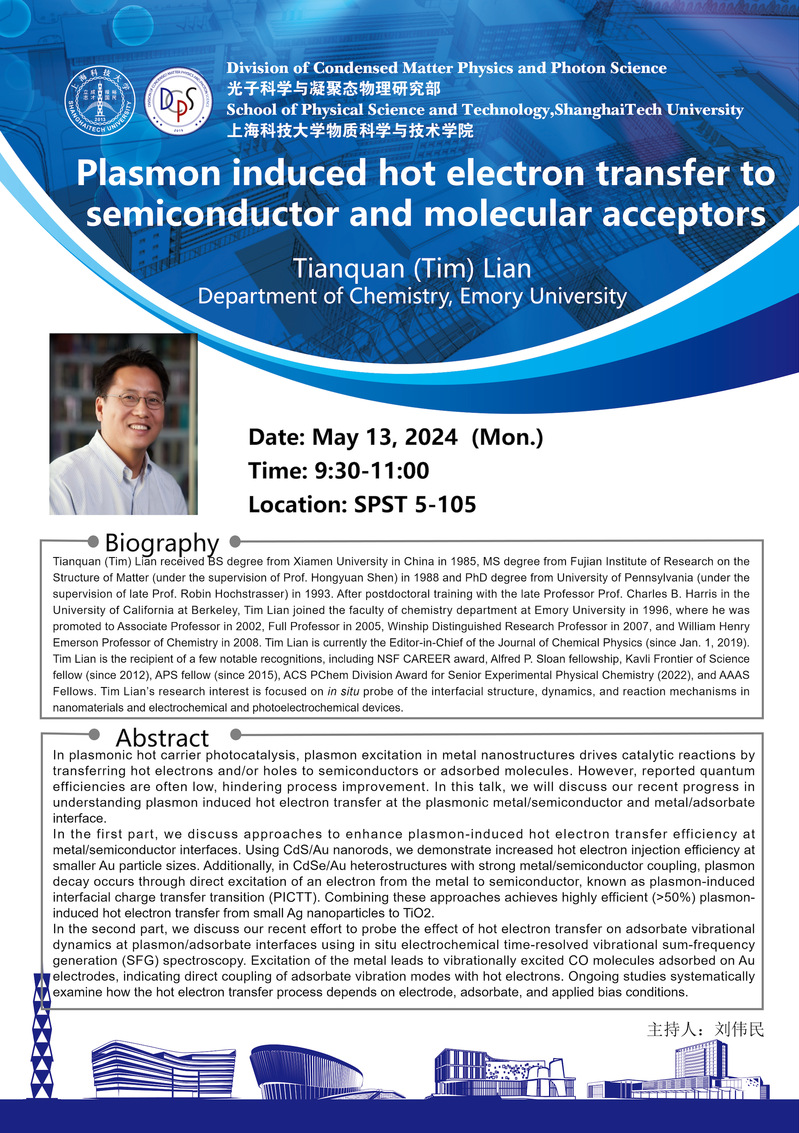 【物质学院】Plasmon induced hot electron transfer to semiconductor and molecular acceptors