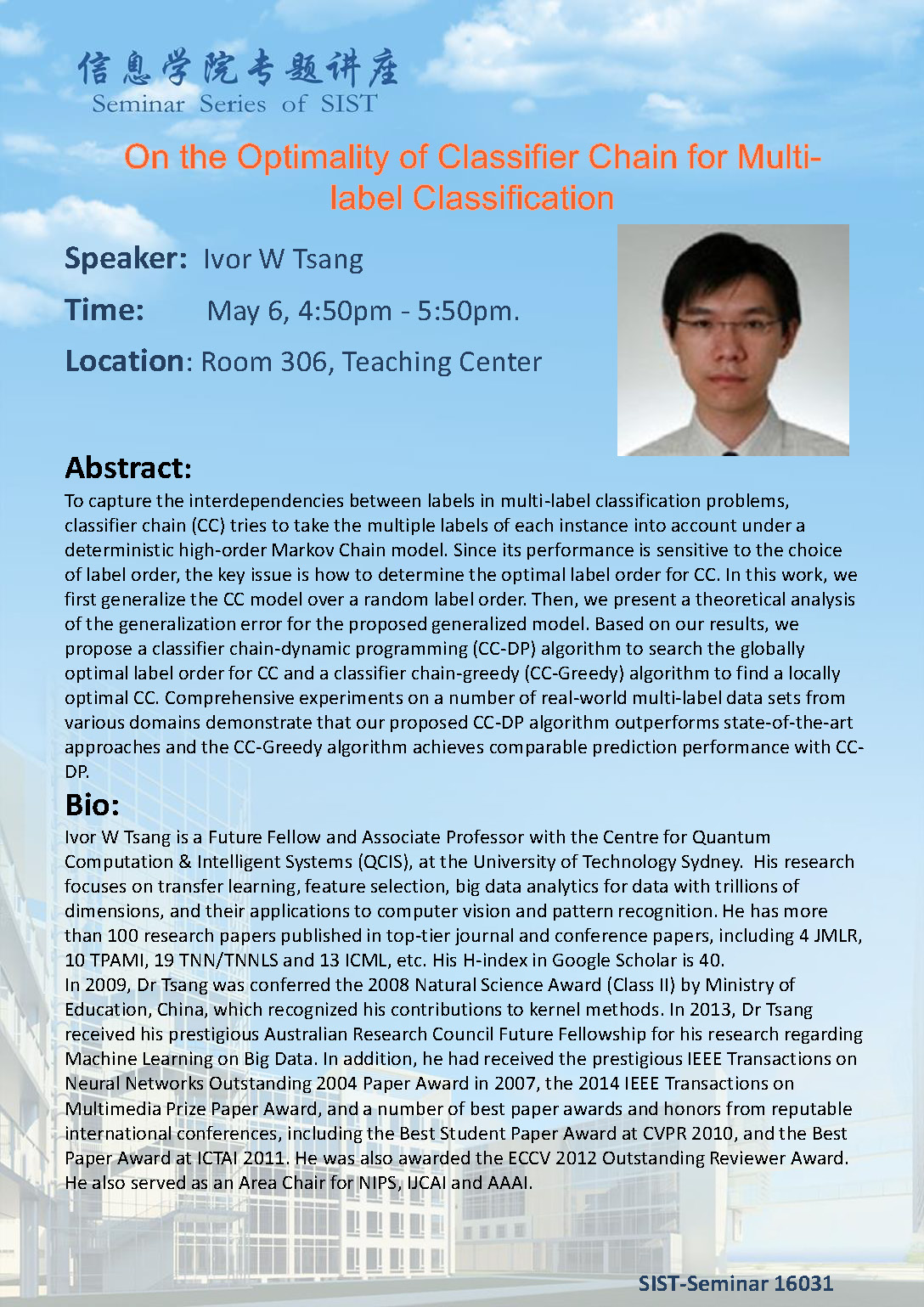 信息学院专题讲座 — On the Optimality of Classifier Chain for Multi-label ...